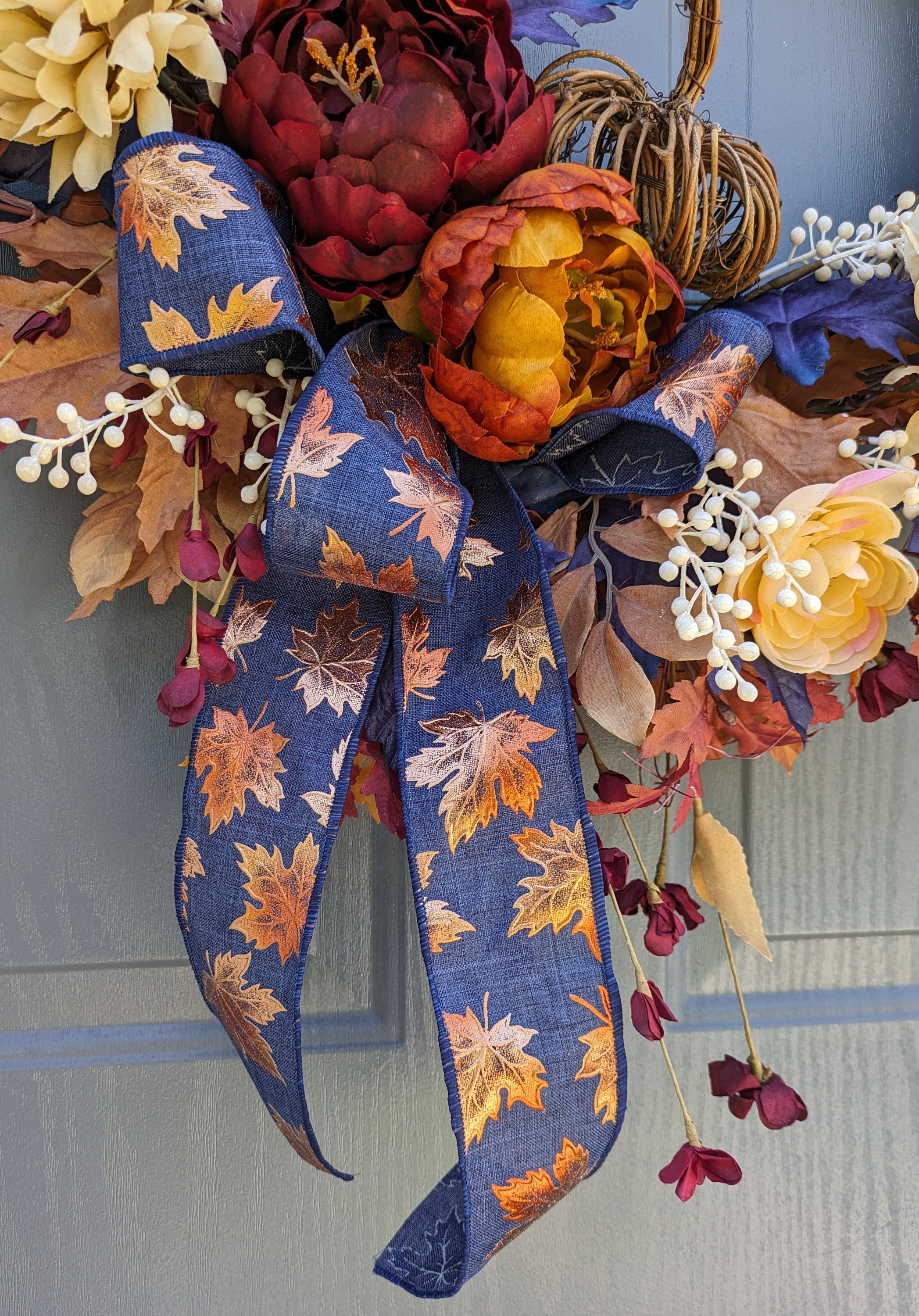 Blue and Burgundy Fall Grapevine Wreath, Peony and Rose Wreath, Fall ...