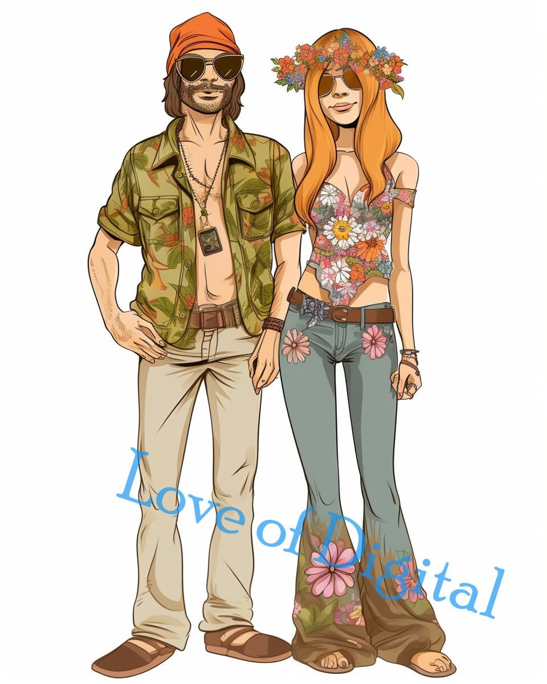 1970s Hippie Male and Female Couple Cartoon Style Digital - Etsy