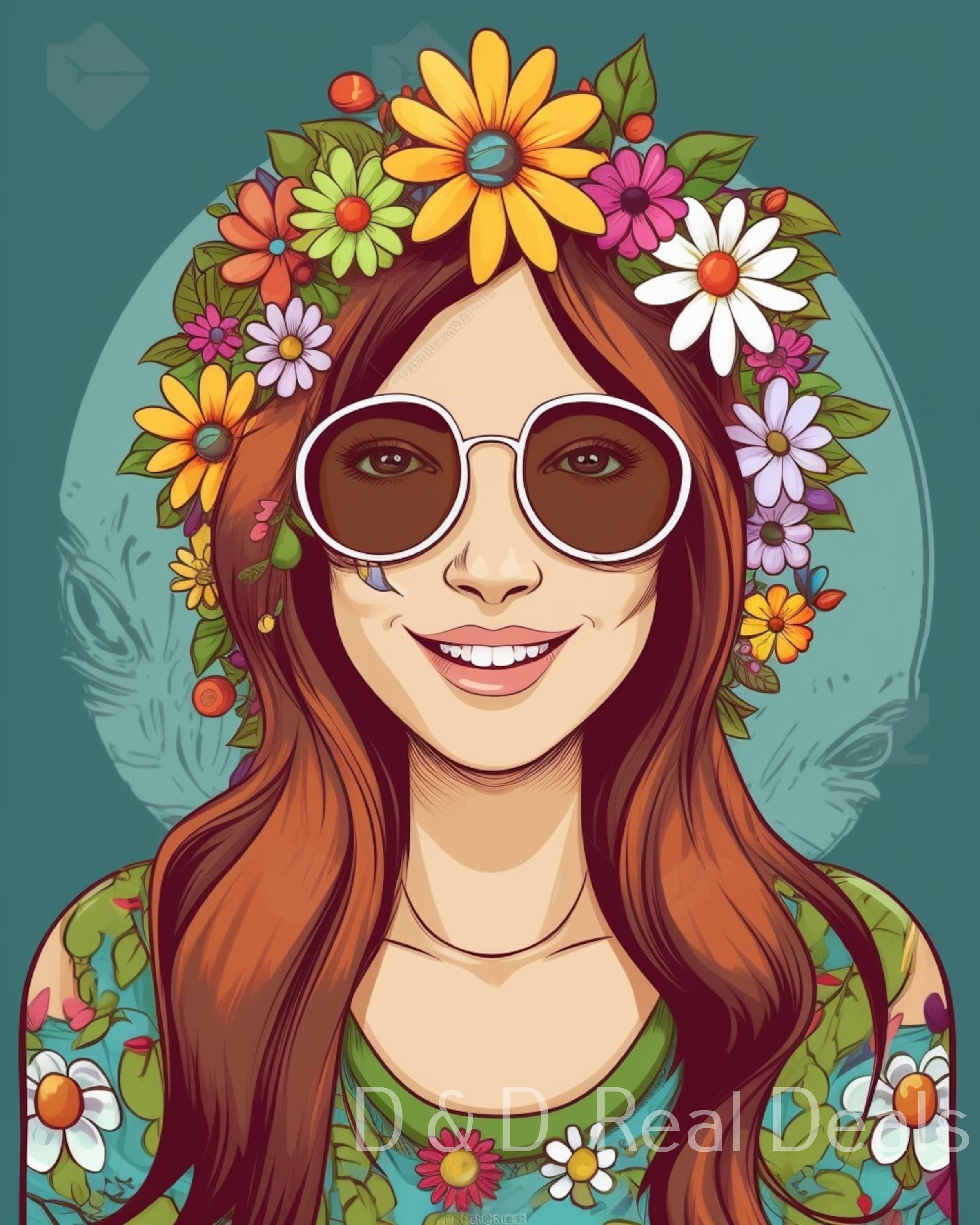 Hippie Girl 1970s And Cartoon Style Digital Download Image 300 Dpi Etsy