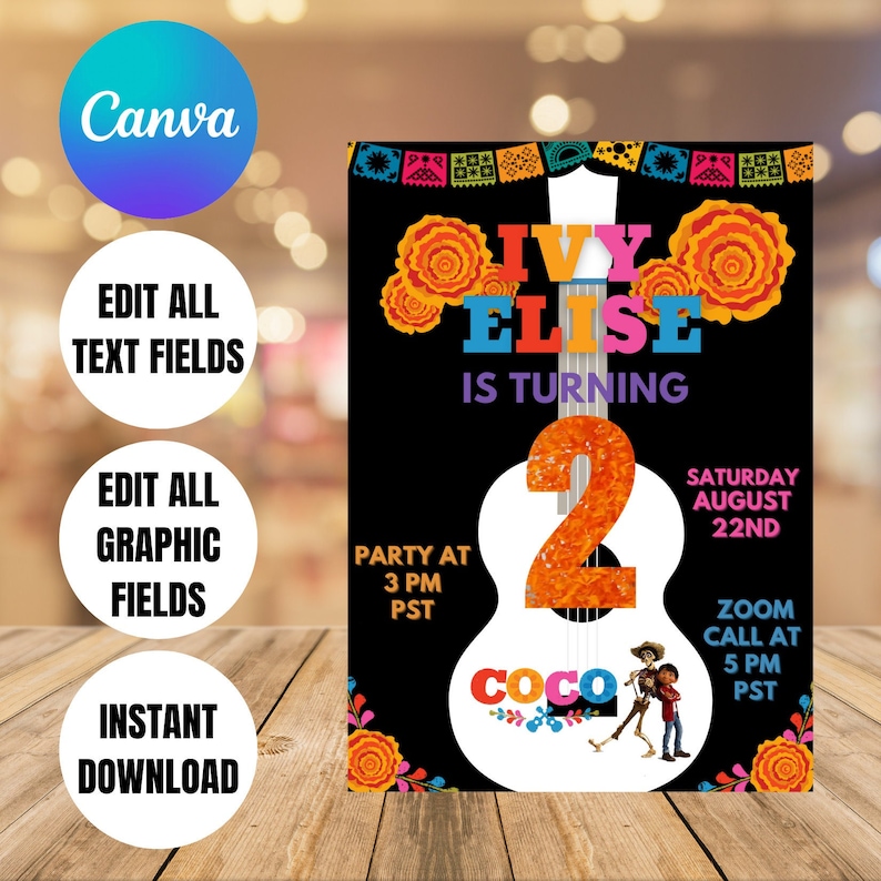 Coco Editable Birthday Invitation Digital, Digital Evite, Editable in ...