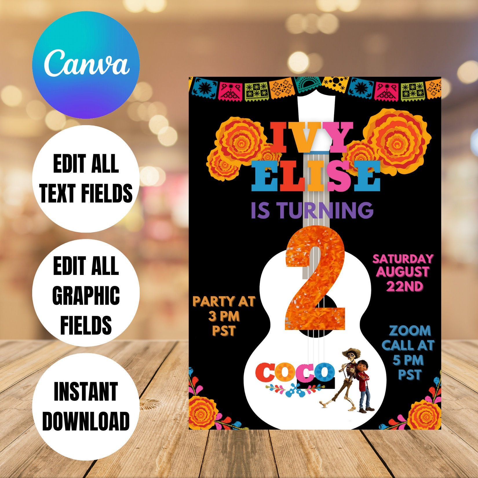 Coco Editable Birthday Invitation Digital, Digital Evite, Editable in ...