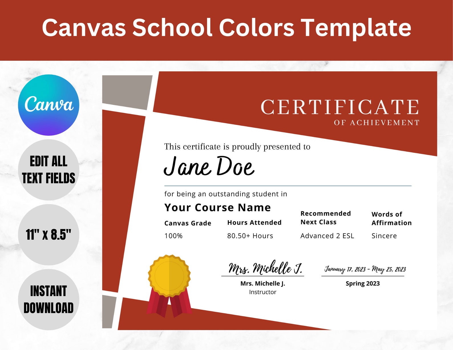 Editable Class Certificate Template, Canvas Certificate, Certificate of ...