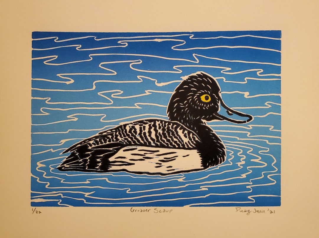 Duck Linocut/watercolor Print - "greater Scaup" Original Art Print - Etsy