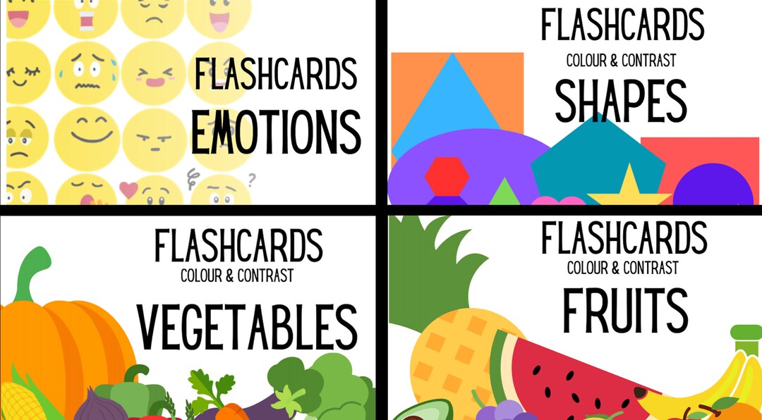 SET of 4 - Flashcards (vegetables, Fruits, Shapes & Emotions) - Etsy