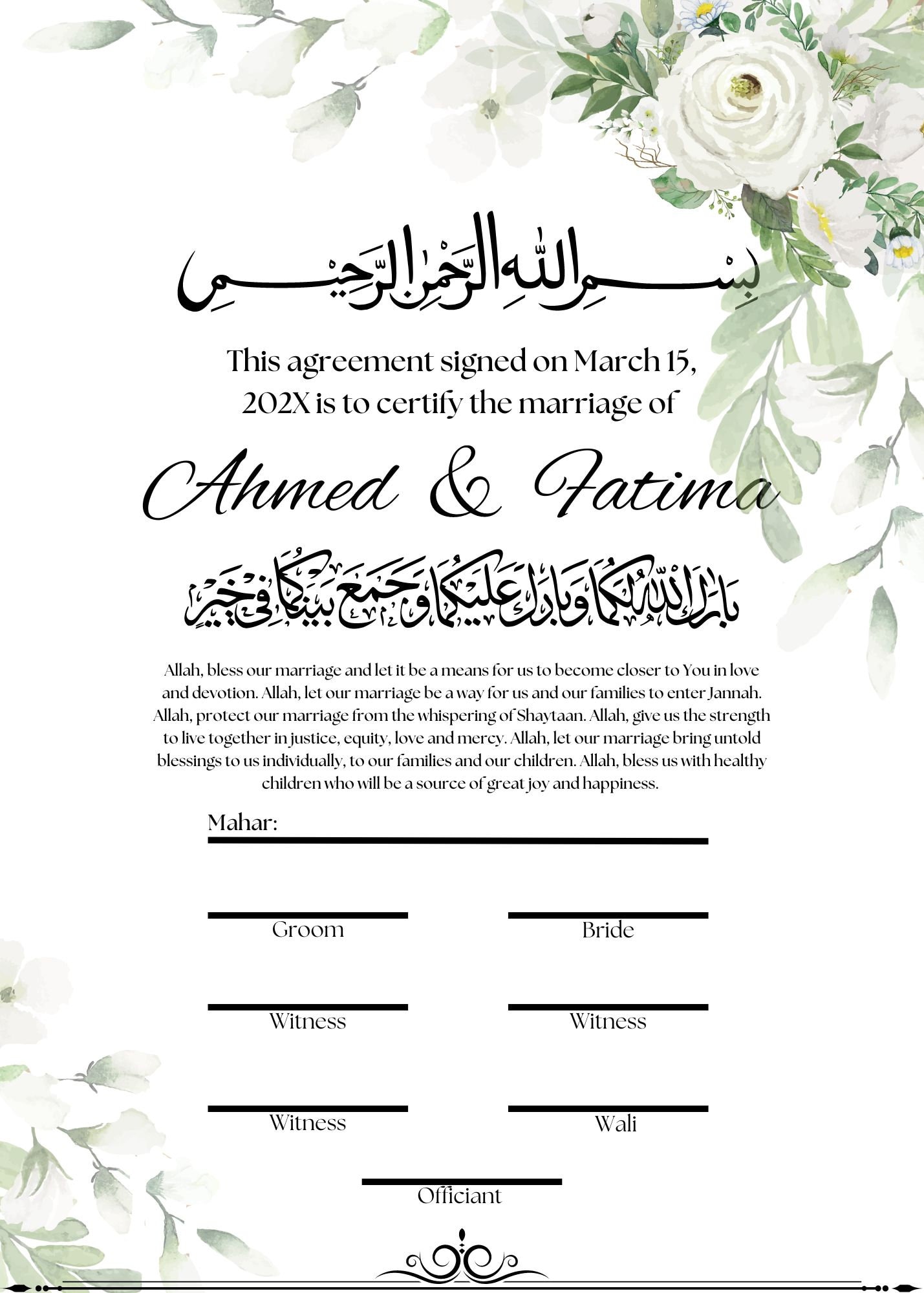 White Peony Nikkah Contract Template, Editable Muslim Wedding ...