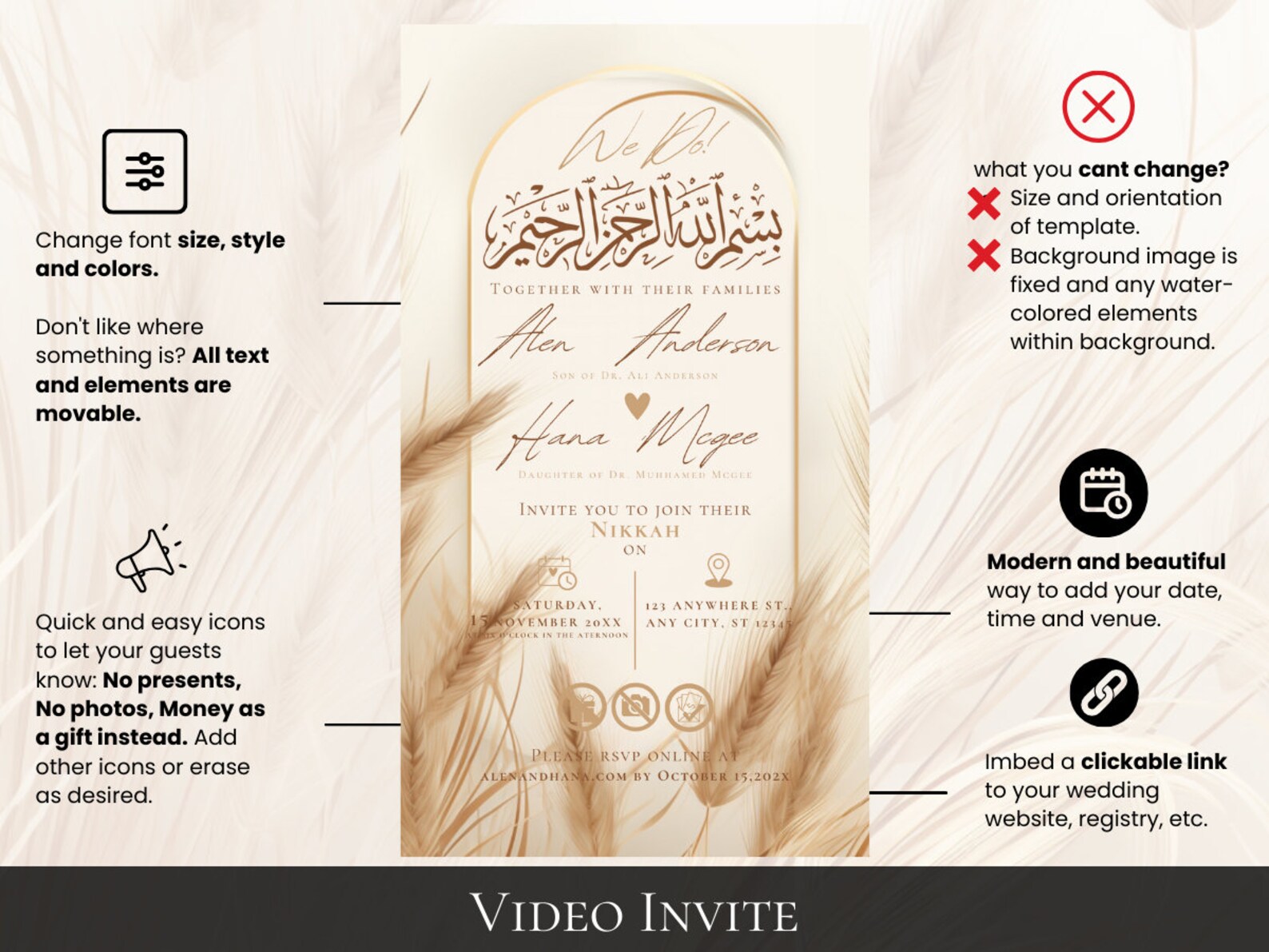 Boho Nikah Video Invitation, Editable Muslim Wedding Template (digital ...