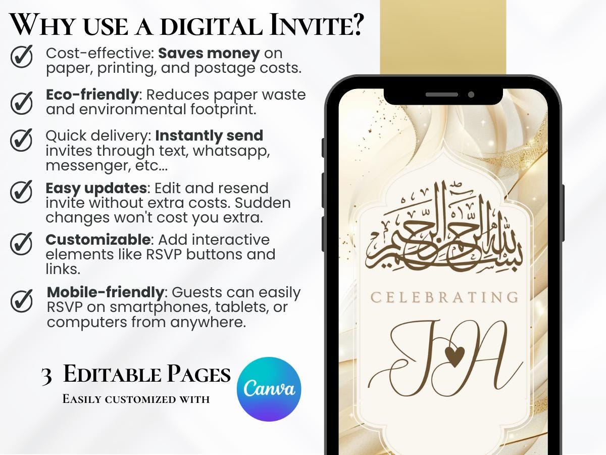 Muslim Digital Wedding Invitation Gold Bismillah Nikkah Evite Walima ...