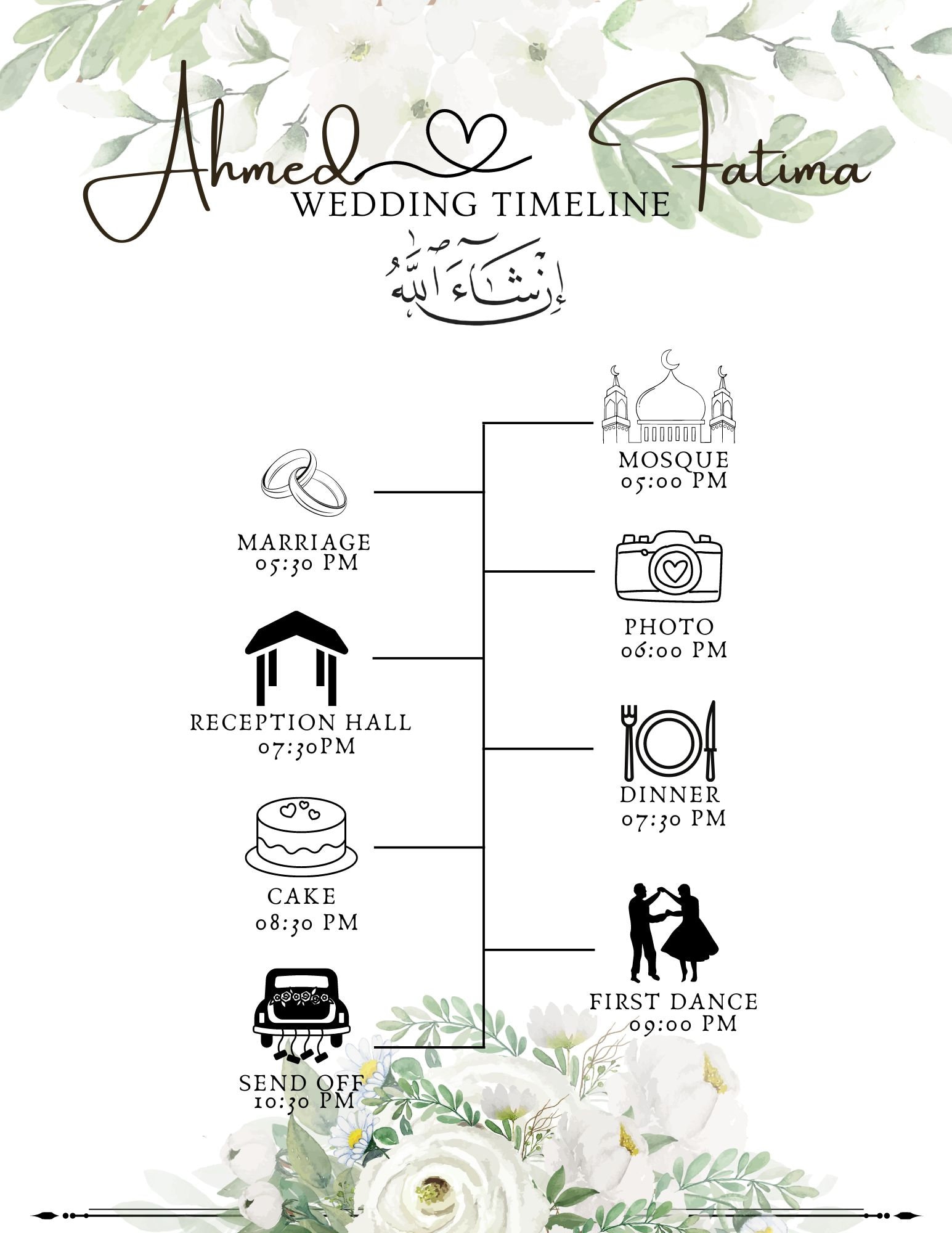Nikkah Wedding Timeline Digital Template WHITE PEONY Muslim Wedding ...
