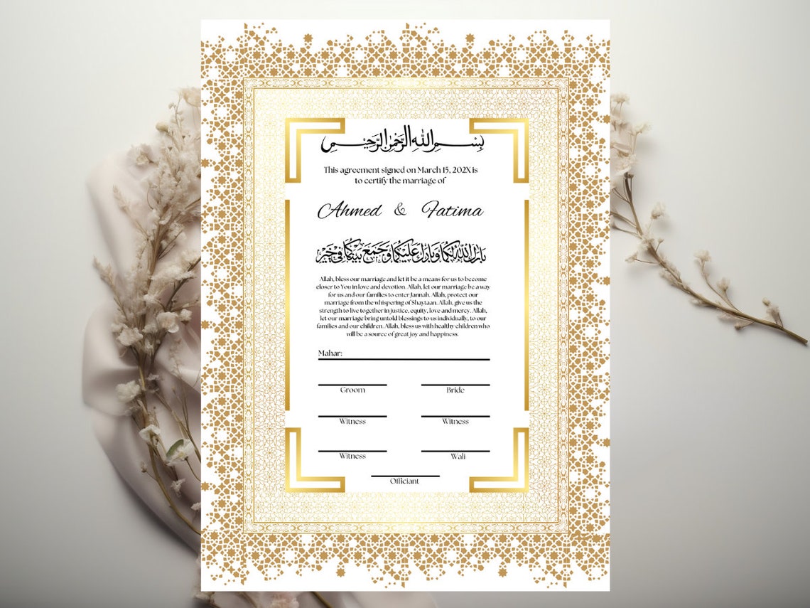 Nikkah Contract Template Nikkah Certificate Digital Template Printable Muslim Wedding Contract ...