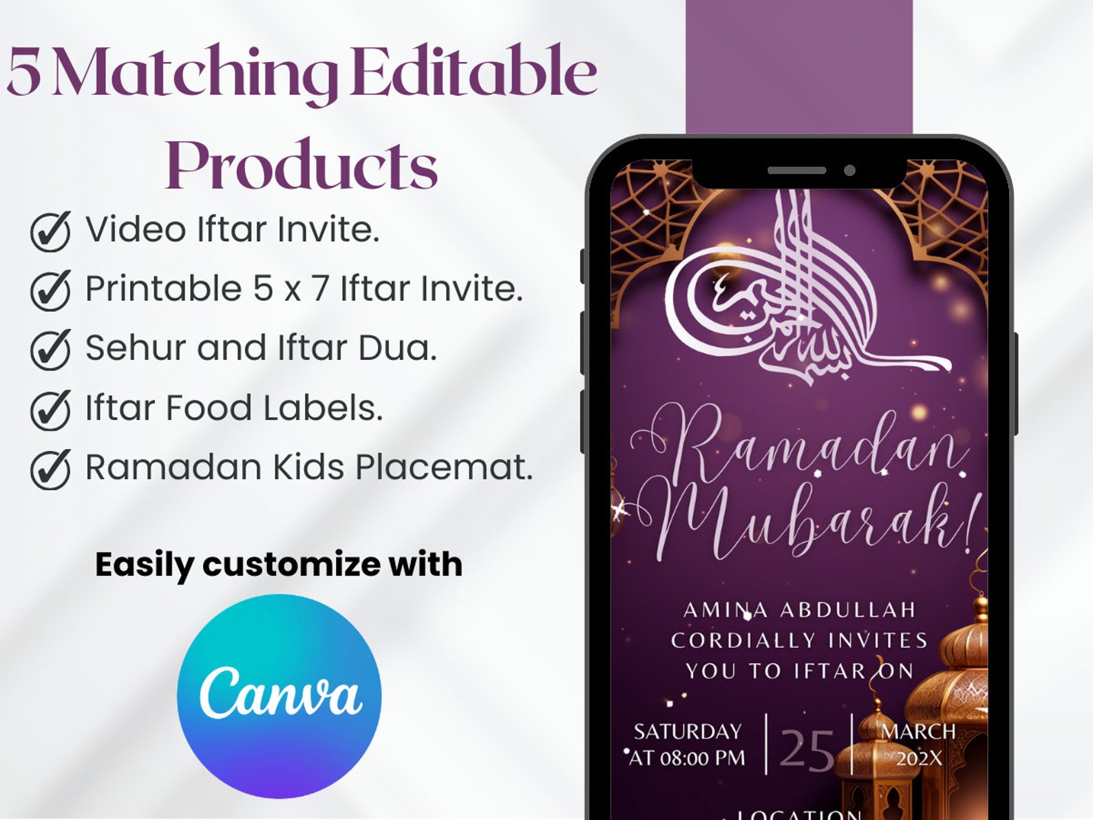 Editable Iftar Invitation Purple Iftar Dinner Invitation Template Iftar ...