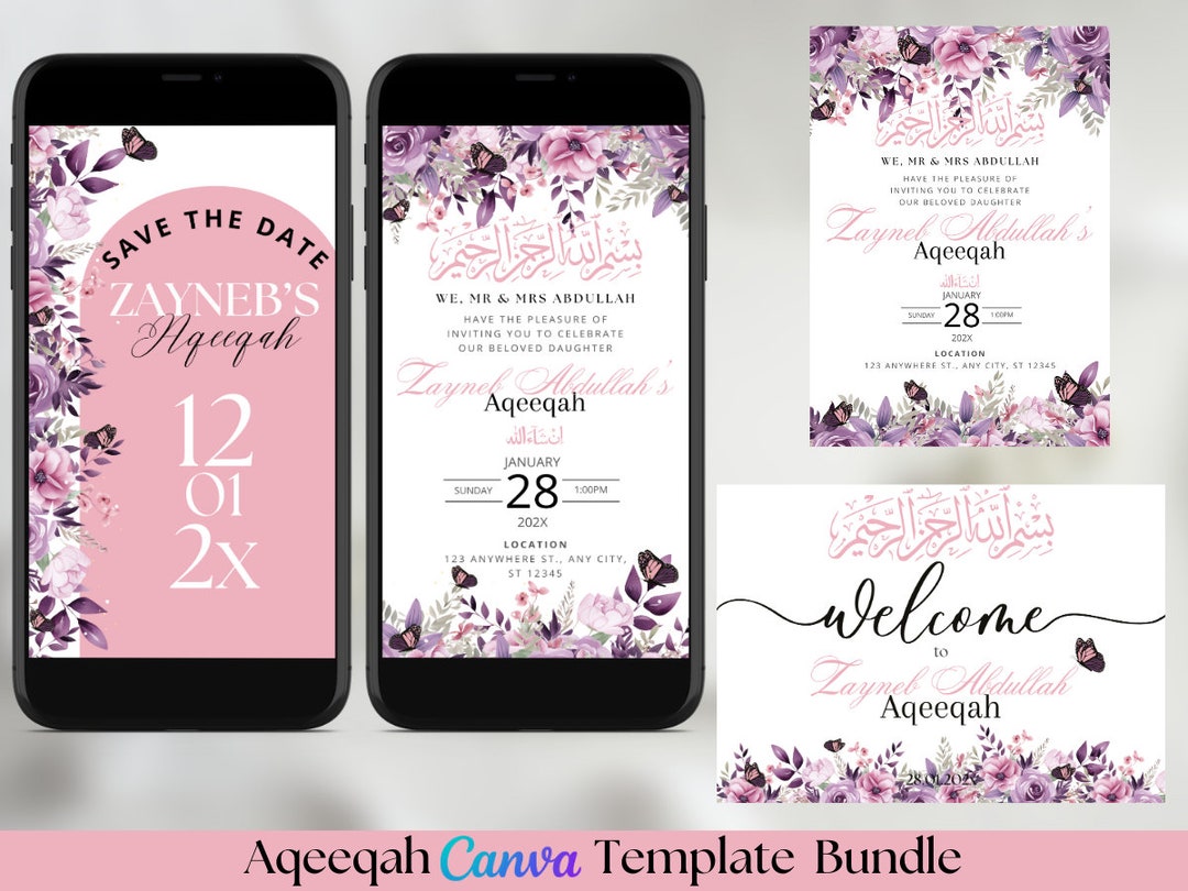 Purple Digital Aqeeqah Invitation Butterfly Akika Aqiqa Invite Aqiqa ...