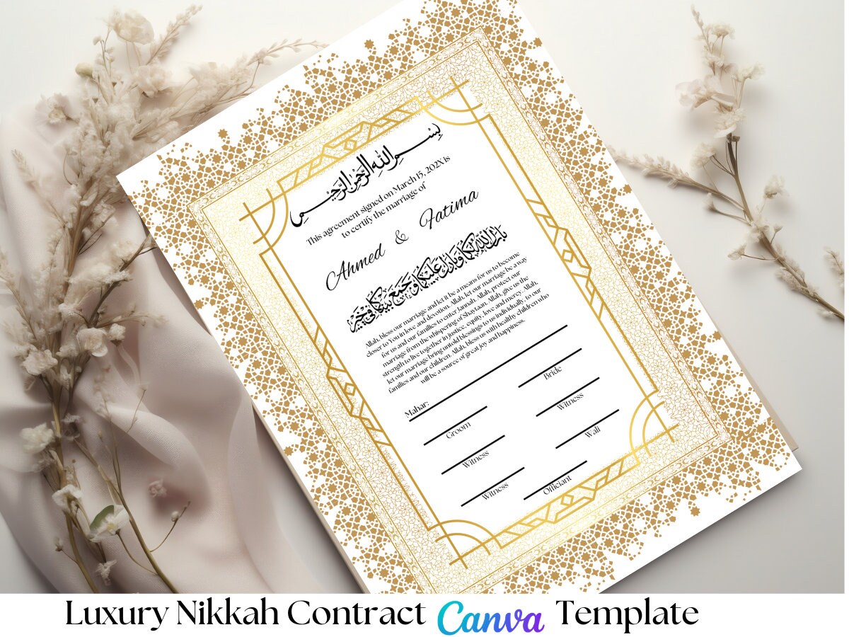 Luxury Nikkah Certificate Template, Editable Islamic Wedding Contract ...