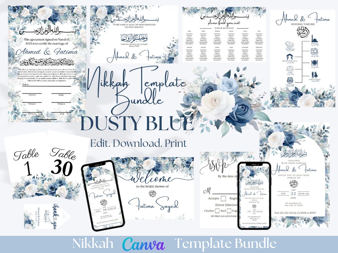 Nikkah Template Bundle DUSTY BLUE Digital Nikkah Invite Muslim Wedding ...