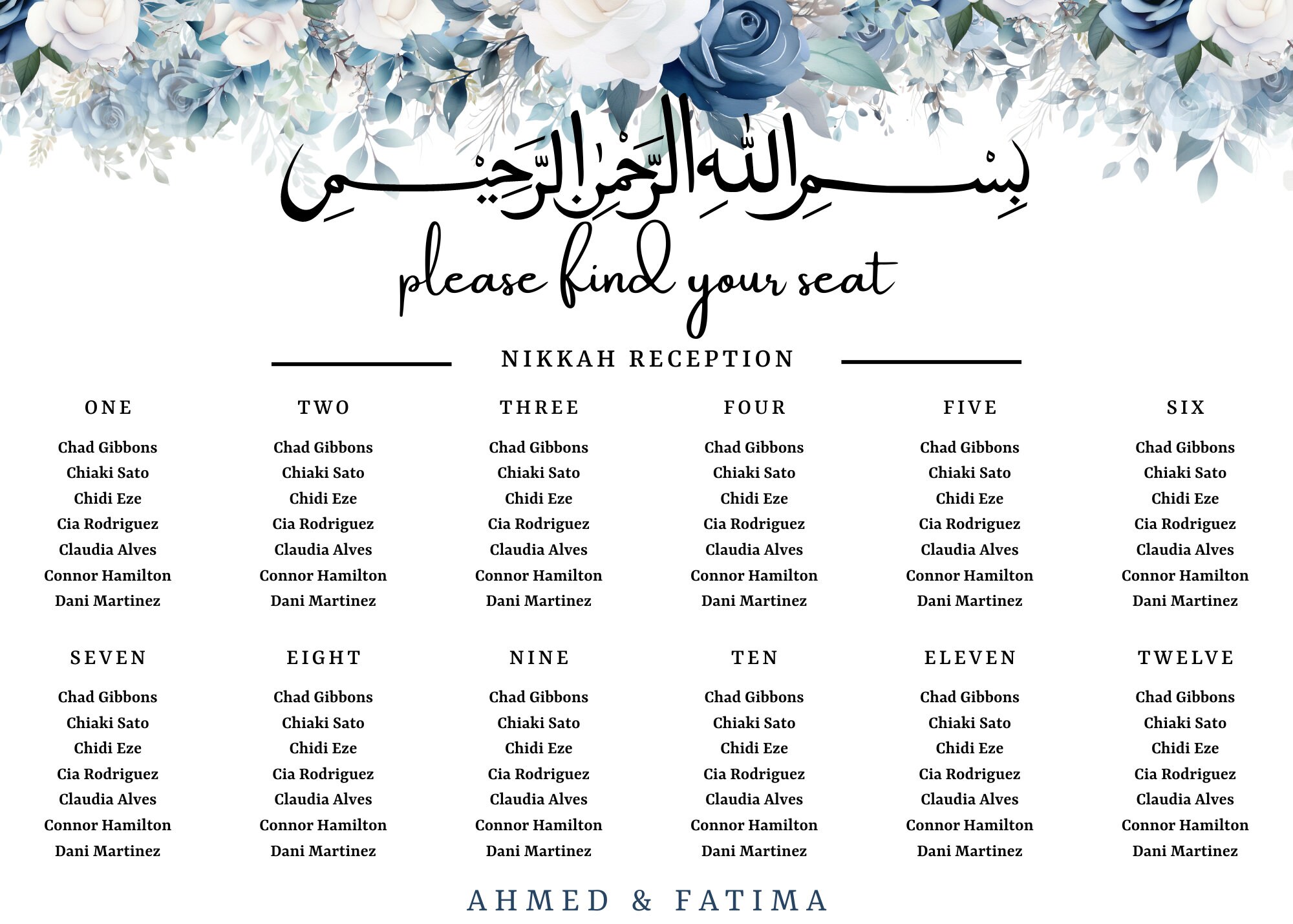 Nikkah Seating Chart DUSTY BLUE Nikah Seating Chart Template Muslim ...