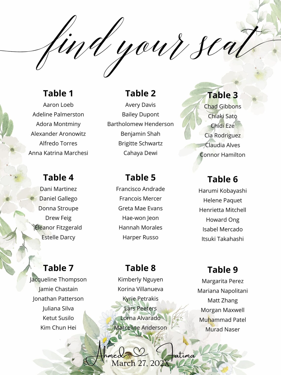 Nikkah Seating Chart Digital Template WHITE PEONY Custom Muslim Wedding ...