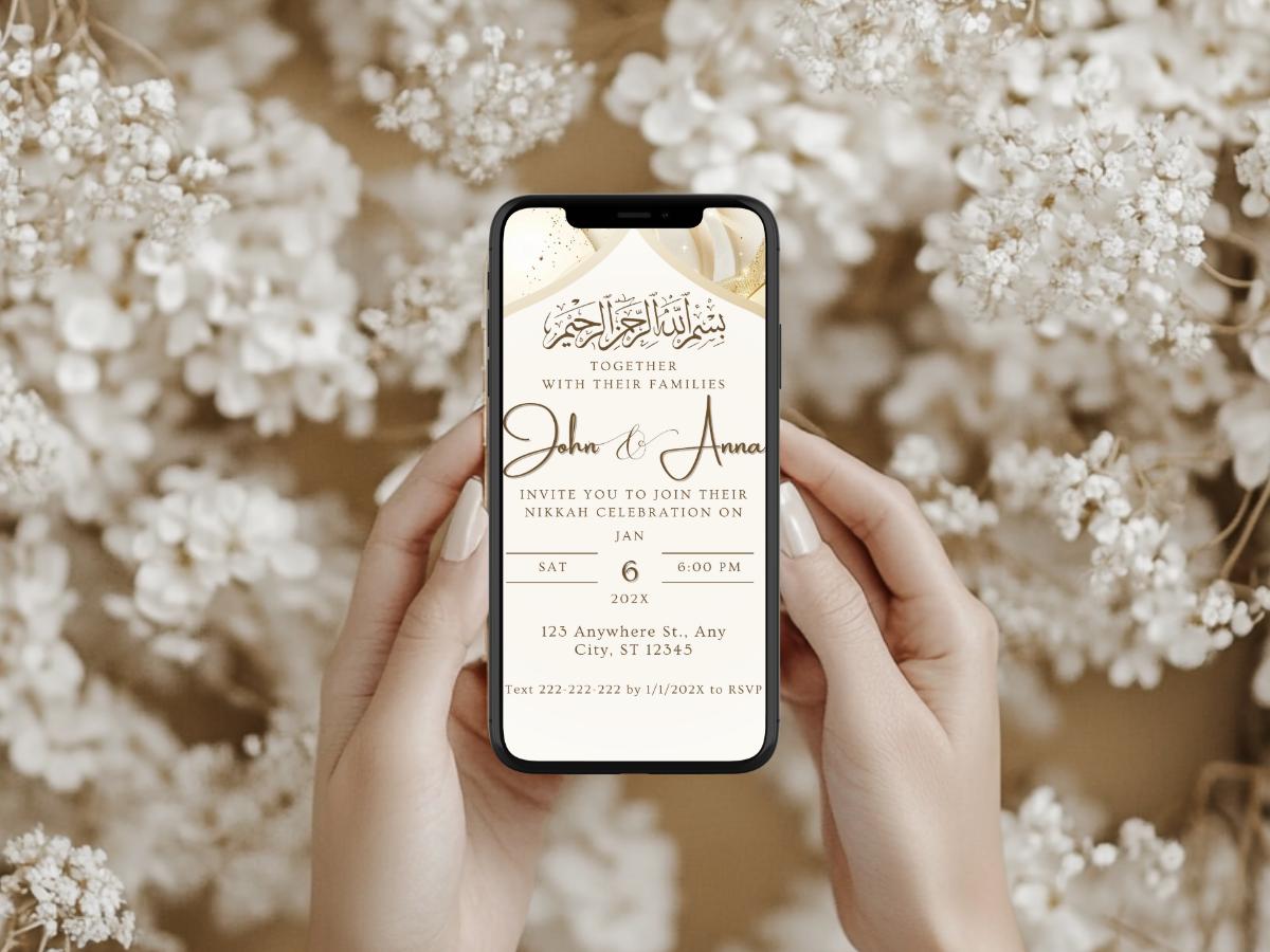 Muslim Digital Wedding Invitation Gold Bismillah Nikkah Evite Walima ...