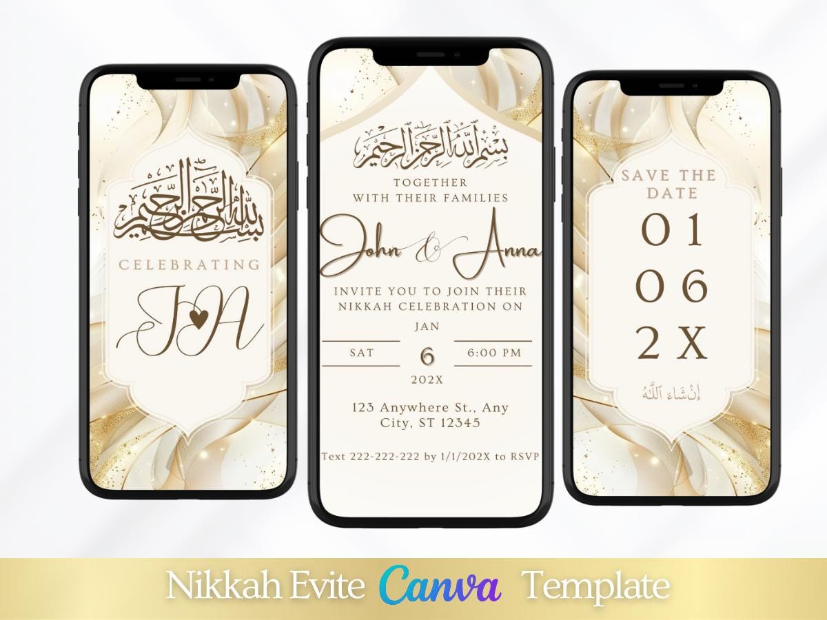 Muslim Digital Wedding Invitation Gold Bismillah Nikkah Evite Walima ...