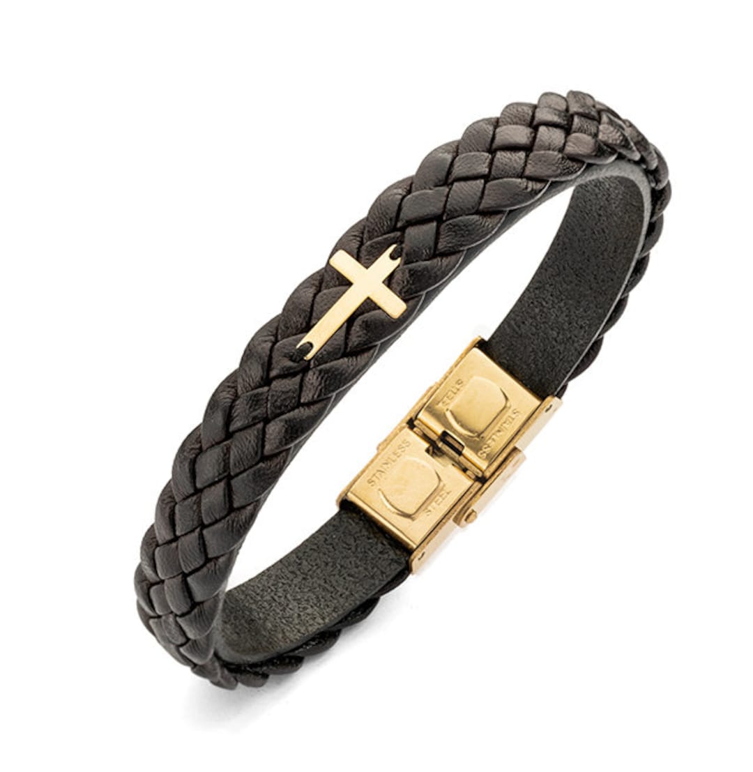 Real 14k Gold Cristian Cross Mens Leather Bracelet With 14k Gold Cross ...