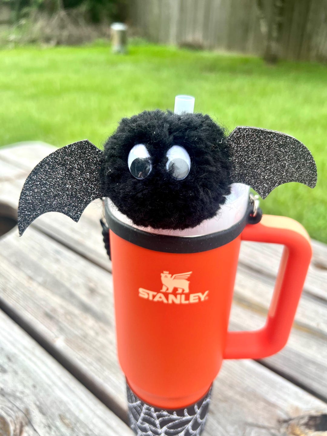 Black Pom Pom Bat Straw Topper | 3D Googly Eyes Bat | Dangle Cup Charm ...