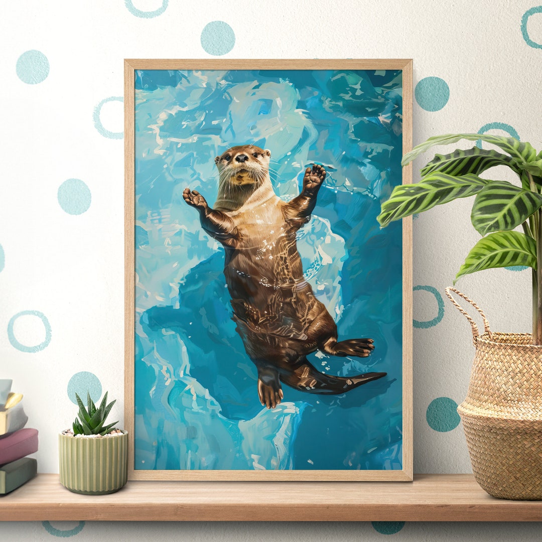Swimming Pool Floating Otter Poster, Funny Sea Otter Art, Wildlife ...