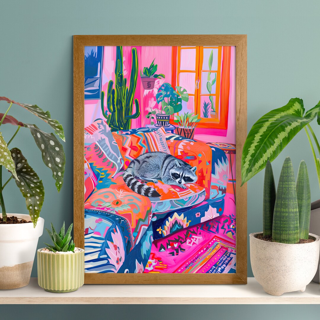 Bohemian Home Cozy Raccoon Poster, Funny Trash Panda Decor, Cute ...
