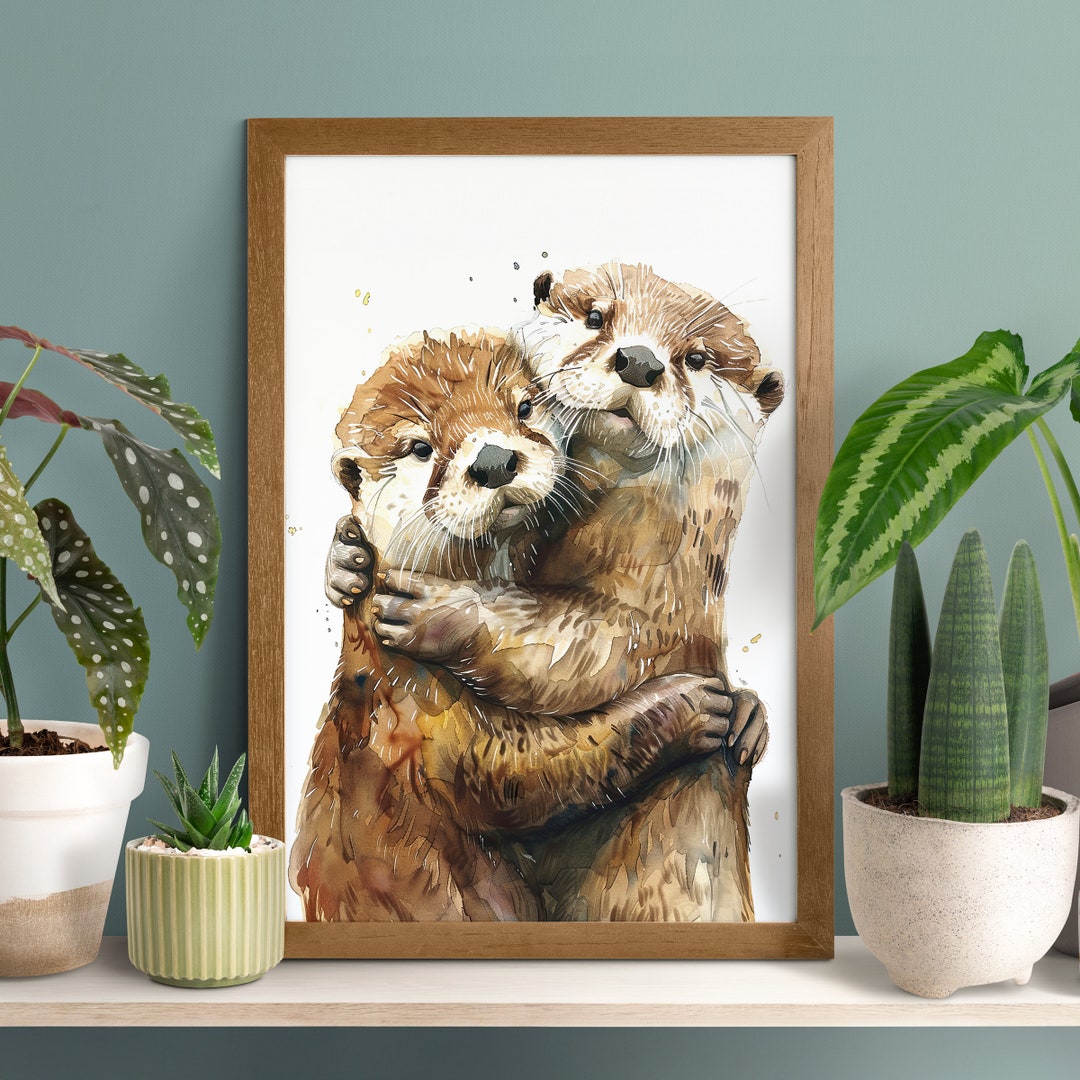 Lovely Otter Cuddling Portrait Poster, Funny Sea Otter Wall Art ...