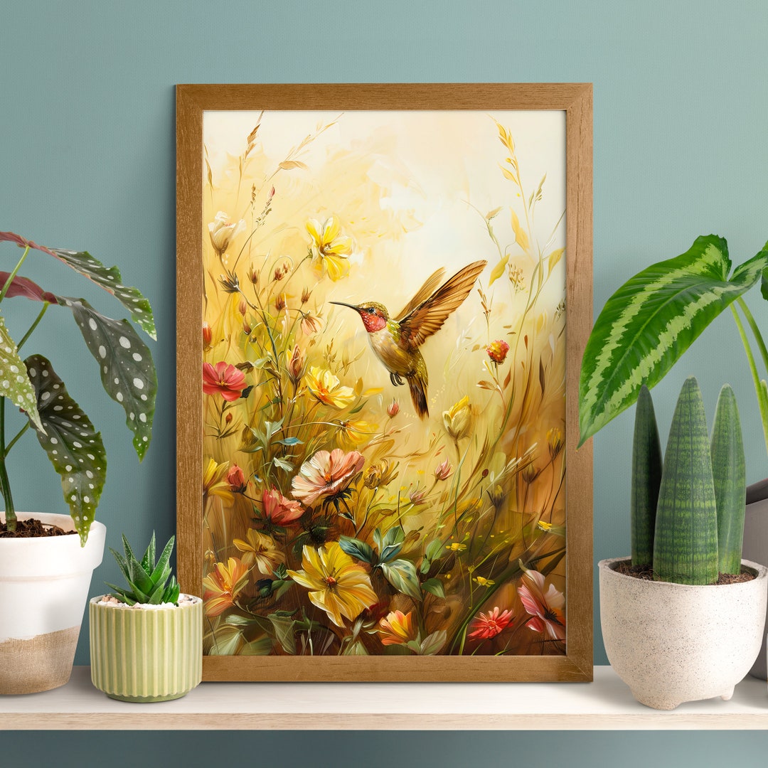 Wildflower Field Humming Bird Poster, Vintage Bird Wall Art, Bird Lover ...
