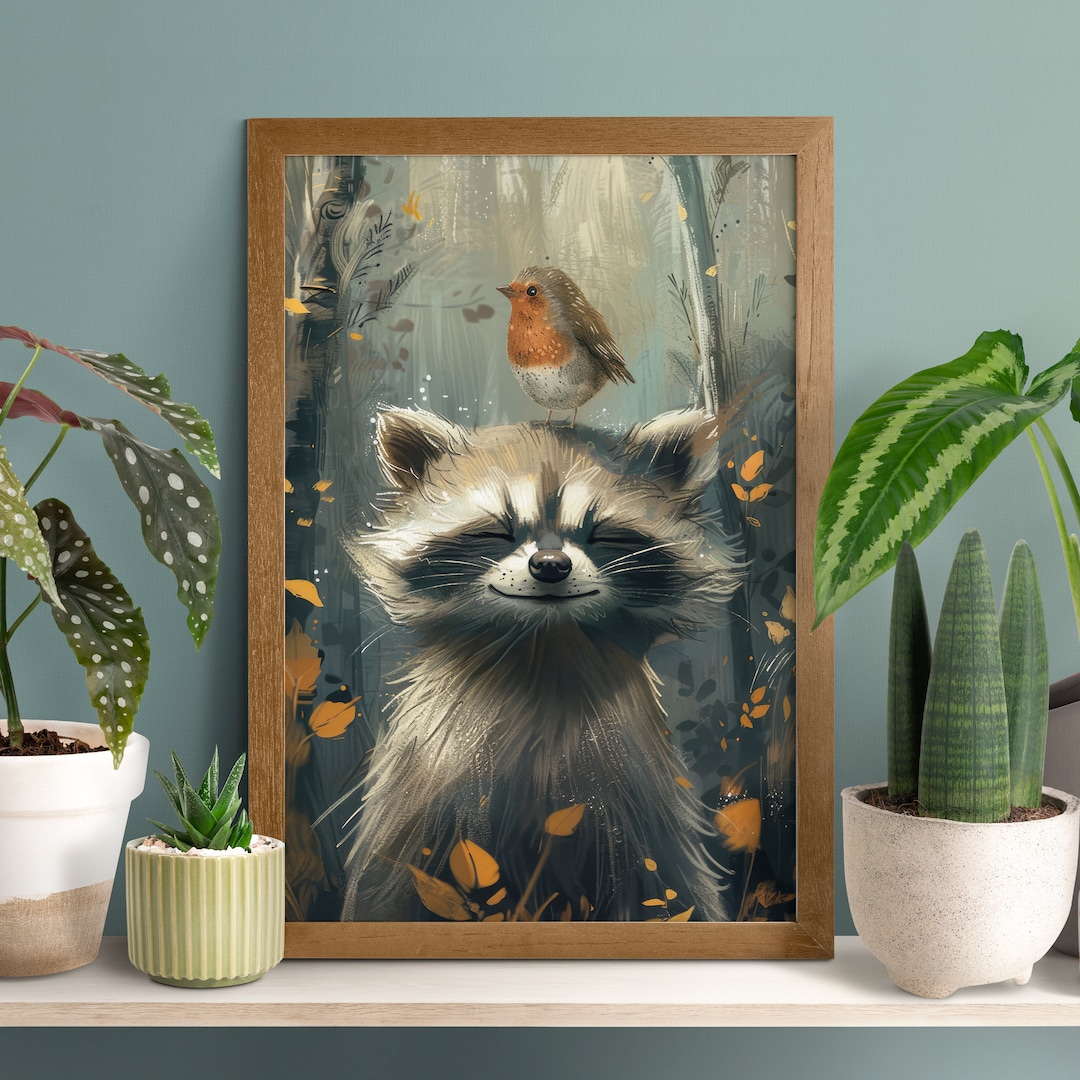 Joyful Raccoon and Bird Poster, Funny Trash Panda Print, Wildlife ...