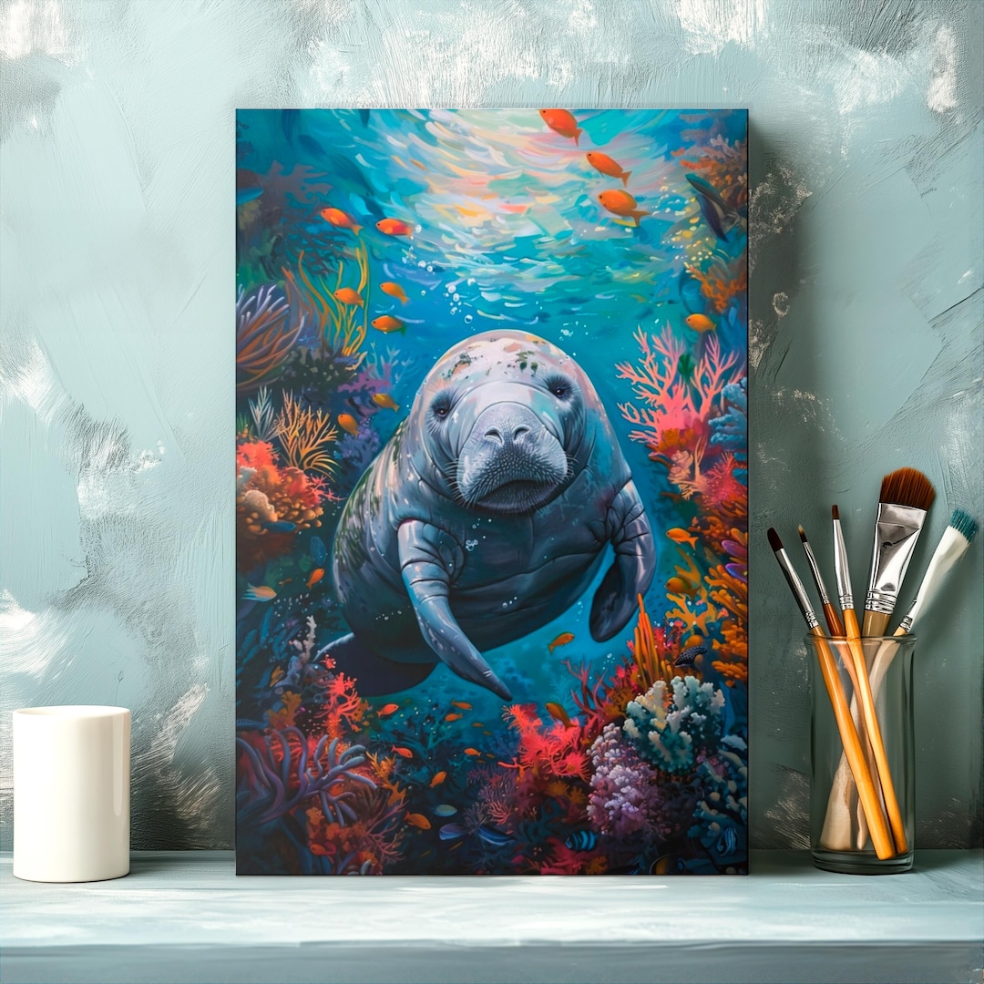Cute Curious Manatee Aquarium Canvas Wall Art, Matte Stretched 0.75 ...