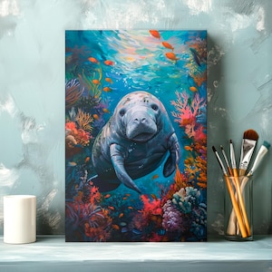 Cute Curious Manatee Aquarium Canvas Wall Art, Matte Stretched 0.75 ...