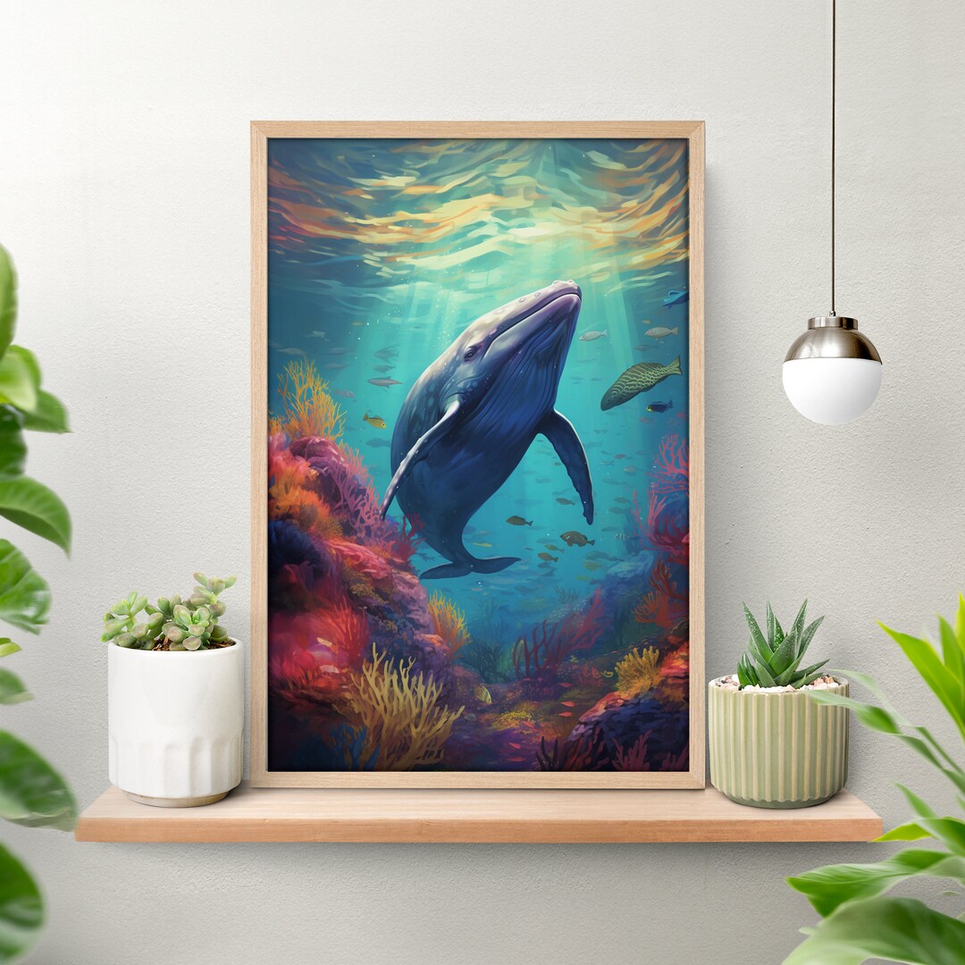 Blue Whale Coral Reef Poster, Vintage Ocean Prints, Home Decor Wall Art ...