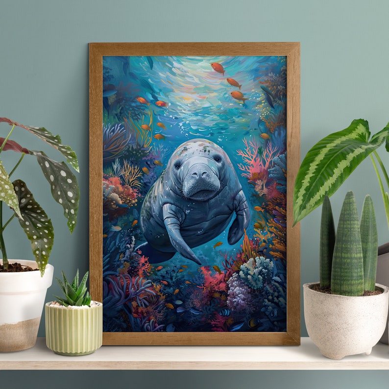 Cute Curious Manatee Aquarium Poster, Florida Manatee, Marine Biology ...