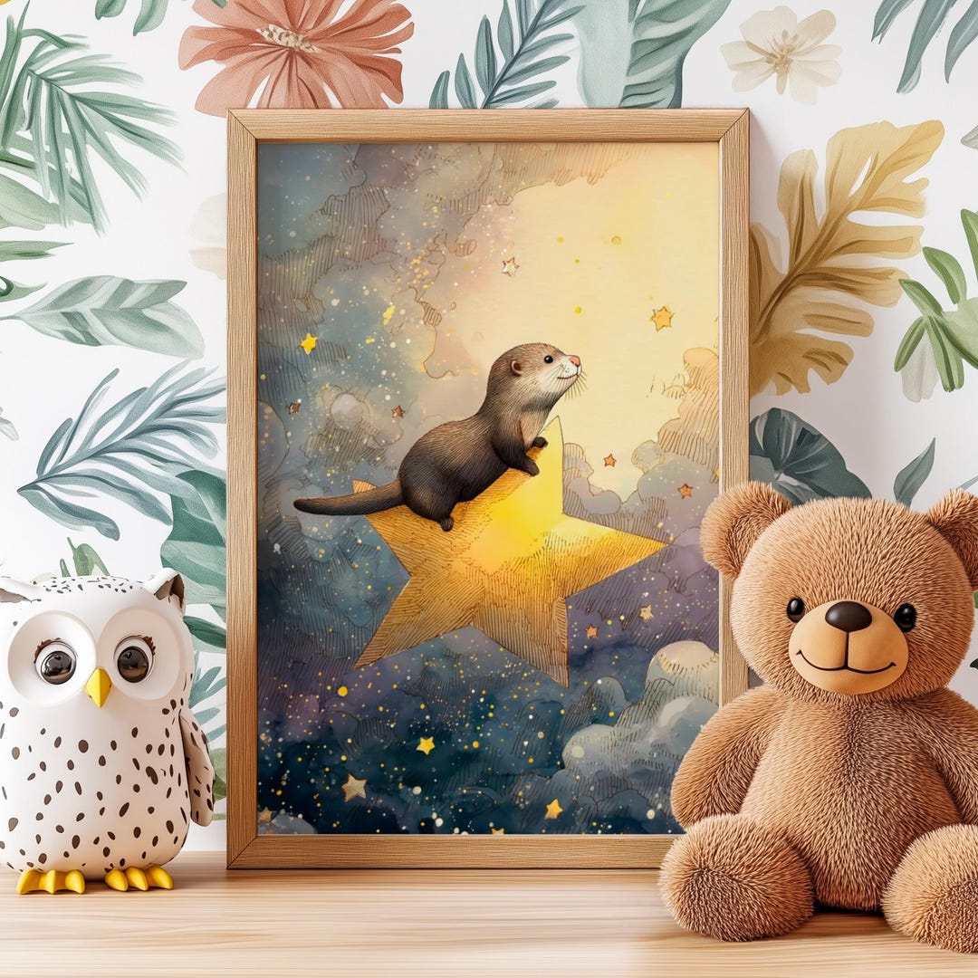 Dreamy Otter Starry Ride Poster, Cute River Otter Print, Whimsical Sea ...