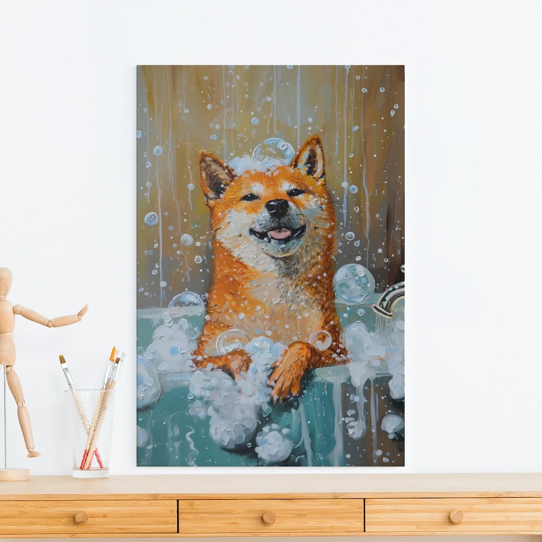 Bathtub Bubble Bath Shiba Canvas Wall Art, Matte Stretched Canvas ...
