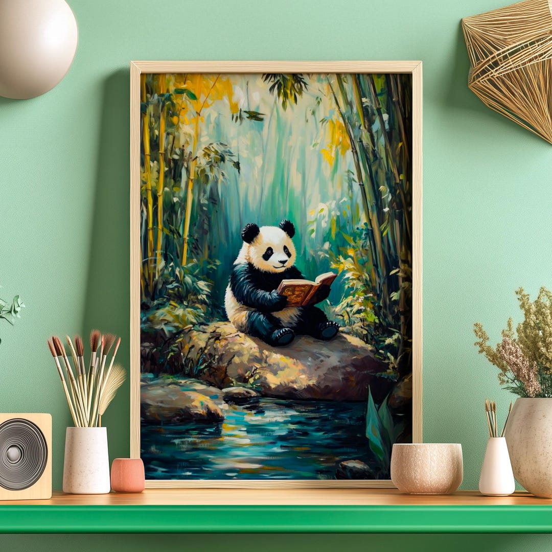 Bookworm Panda Reading Book Poster, Bamboo Bear Print, Novel Lover ...