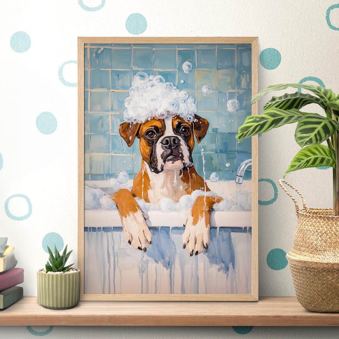 Bathtub Bubble Bath Boxer Poster, Bathroom Wall Art, Funny Guard Dog ...