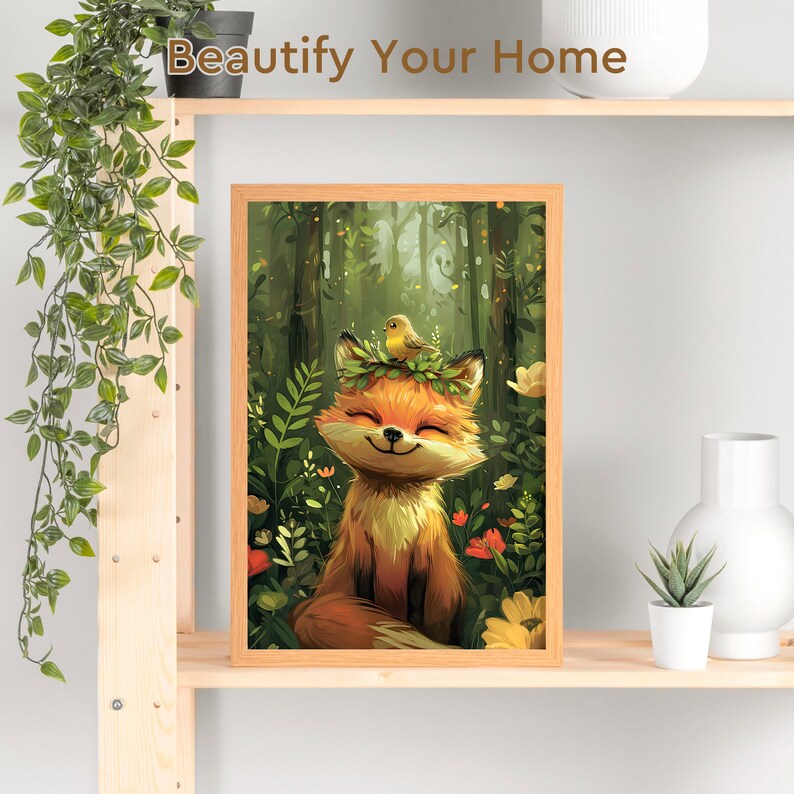 Joyful Fox and Bird Poster, Fox Lover Gift, Cute Red Fox Print, Baby ...