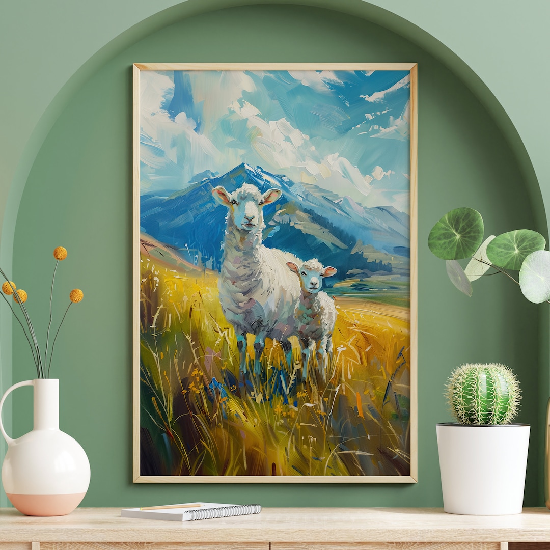Sheep Family Grazing Grassland Poster, Sheep Lover Gift, Cute Lamb ...