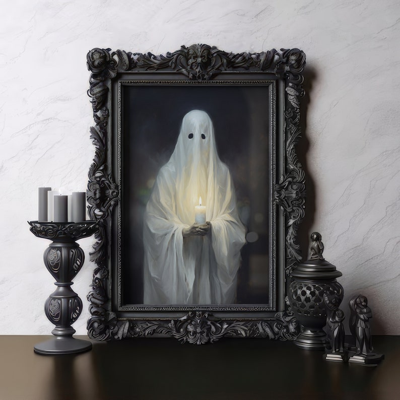 Haunting Ghost Holding Candle Poster, Vintage Horror Print, Spooky ...