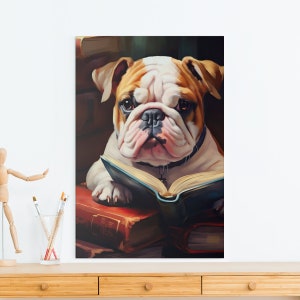 Cute Bulldog Reading Book Canvas Wall Art, Matte Stretched Canvas ...