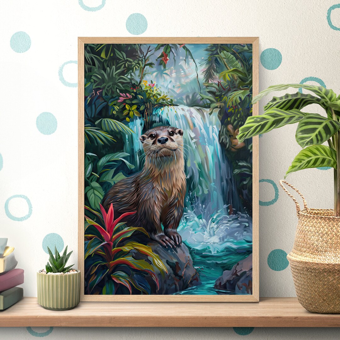 Tropical Rainforest Waterfall Otter Poster, Funny Sea Otter Decor, Wild ...