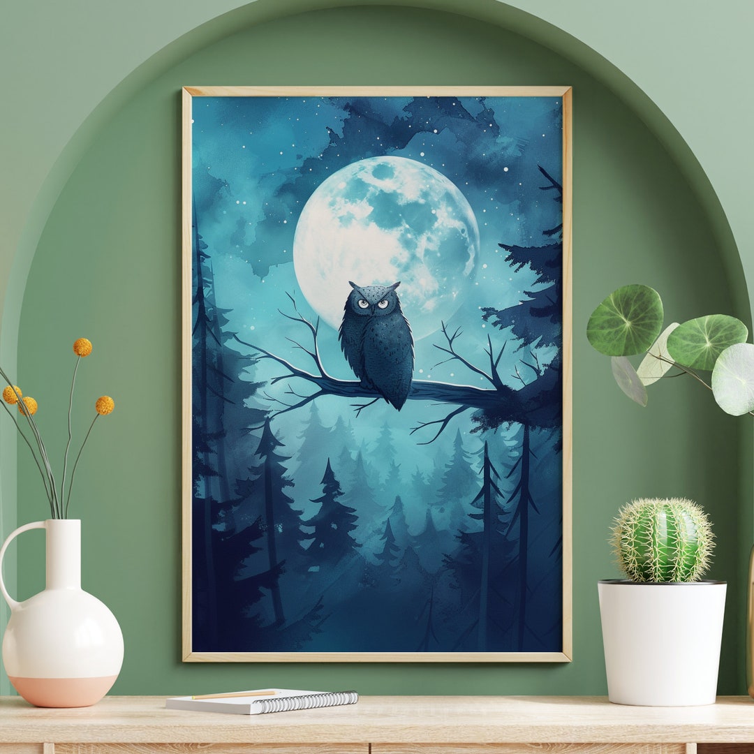 Moonlight Forest Wise Owl Poster, Bird Wall Art, Bird Lover Gift ...