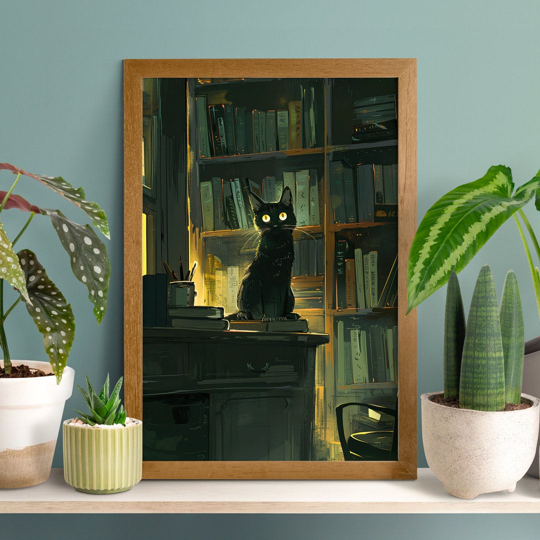 Reading Room Mystical Cat Poster, Black Cat Wall Art, Funny Kitten ...