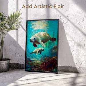 Manatee Family Swimming Underwater Poster, Florida Manatee Print ...