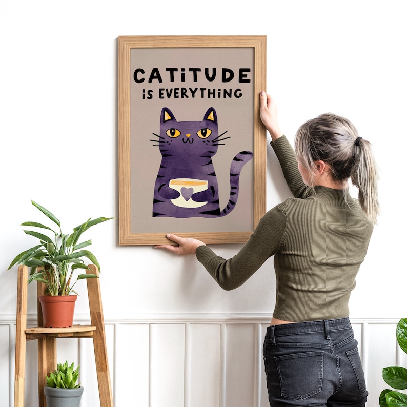 Funny Cat Quote Poster, Catitude is Everything, Black Cat Wall Art ...