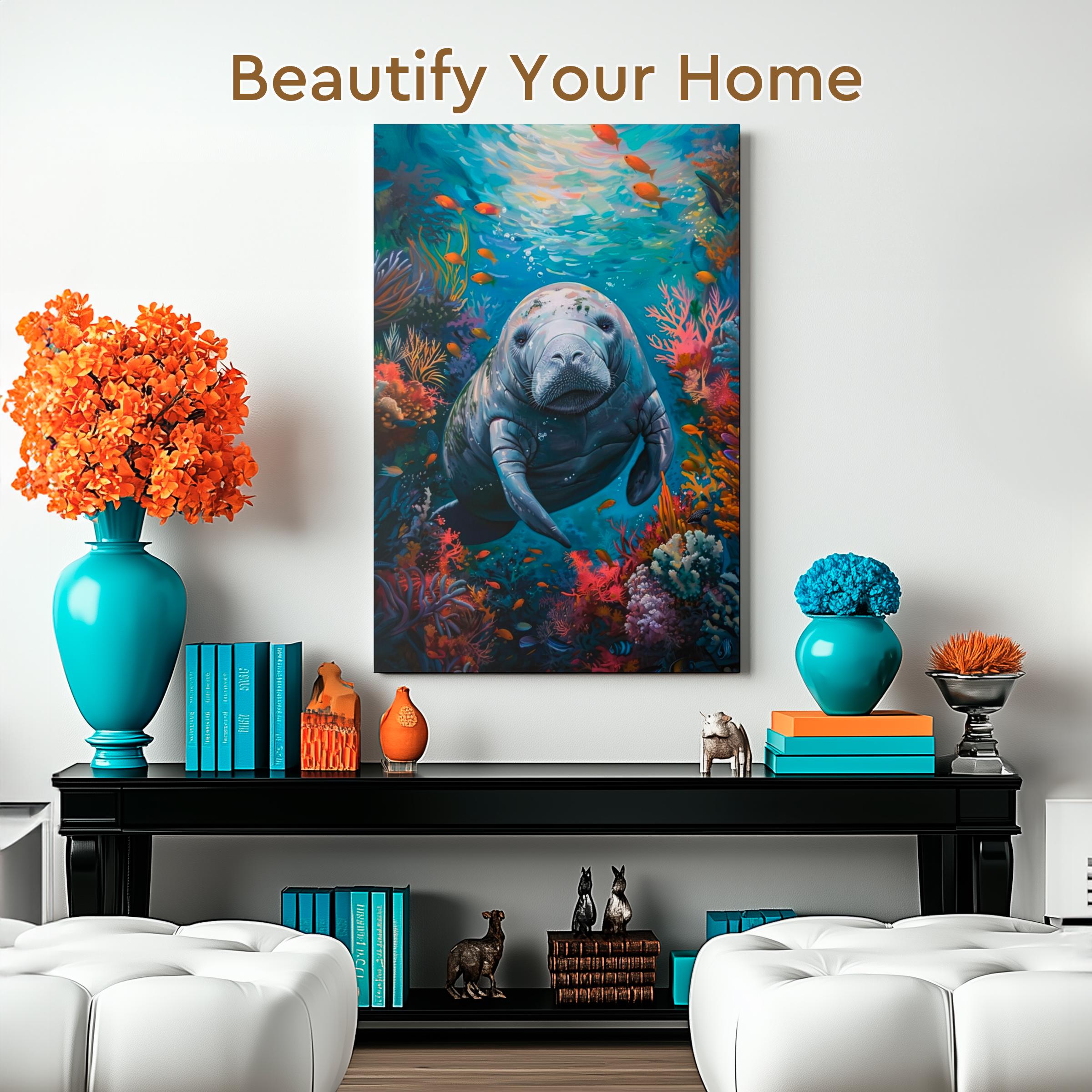 Cute Curious Manatee Aquarium Canvas Wall Art, Matte Stretched 0.75 ...