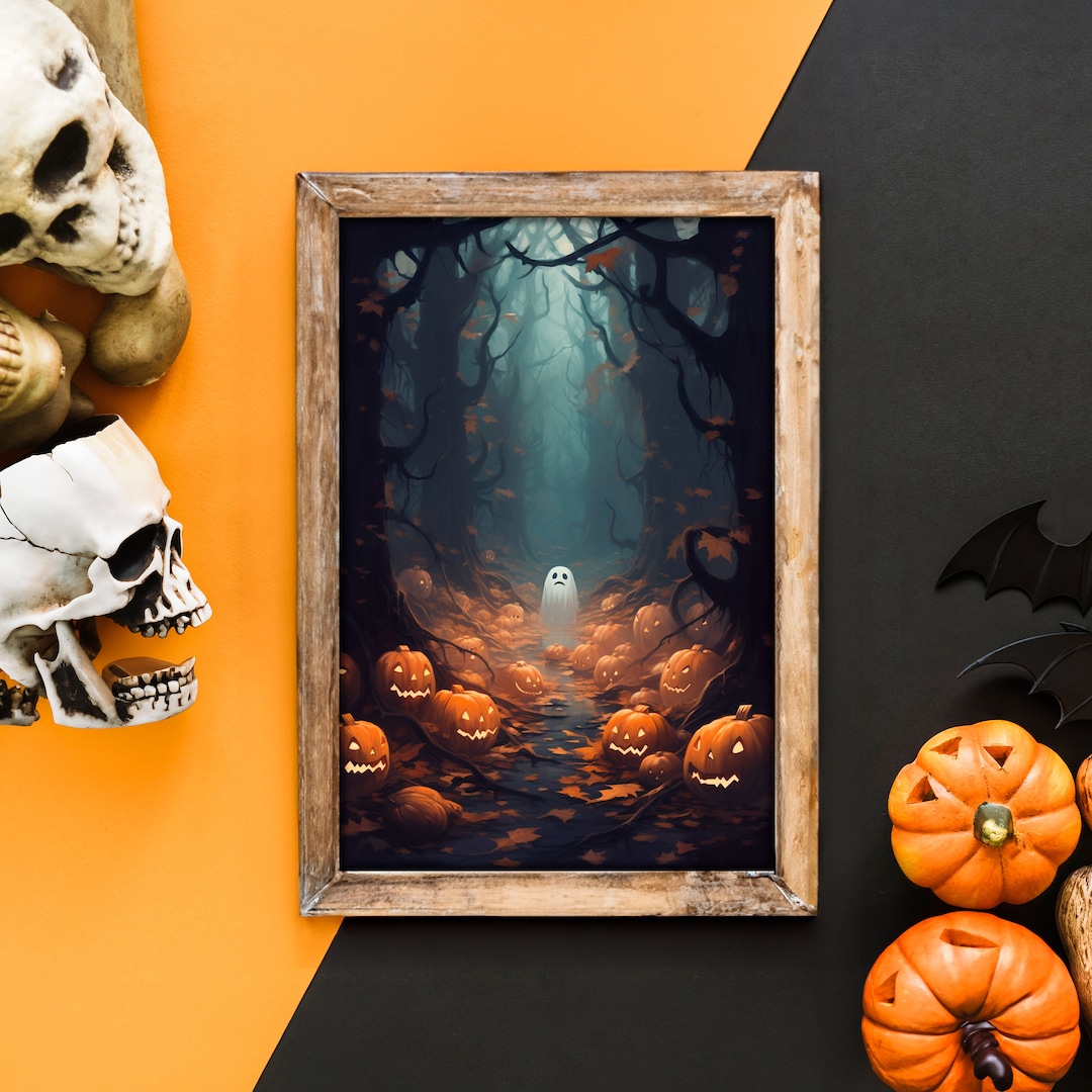 Halloween Foggy Forest Ghost Poster, Misty Forest Art, Spooky Pumpkins ...