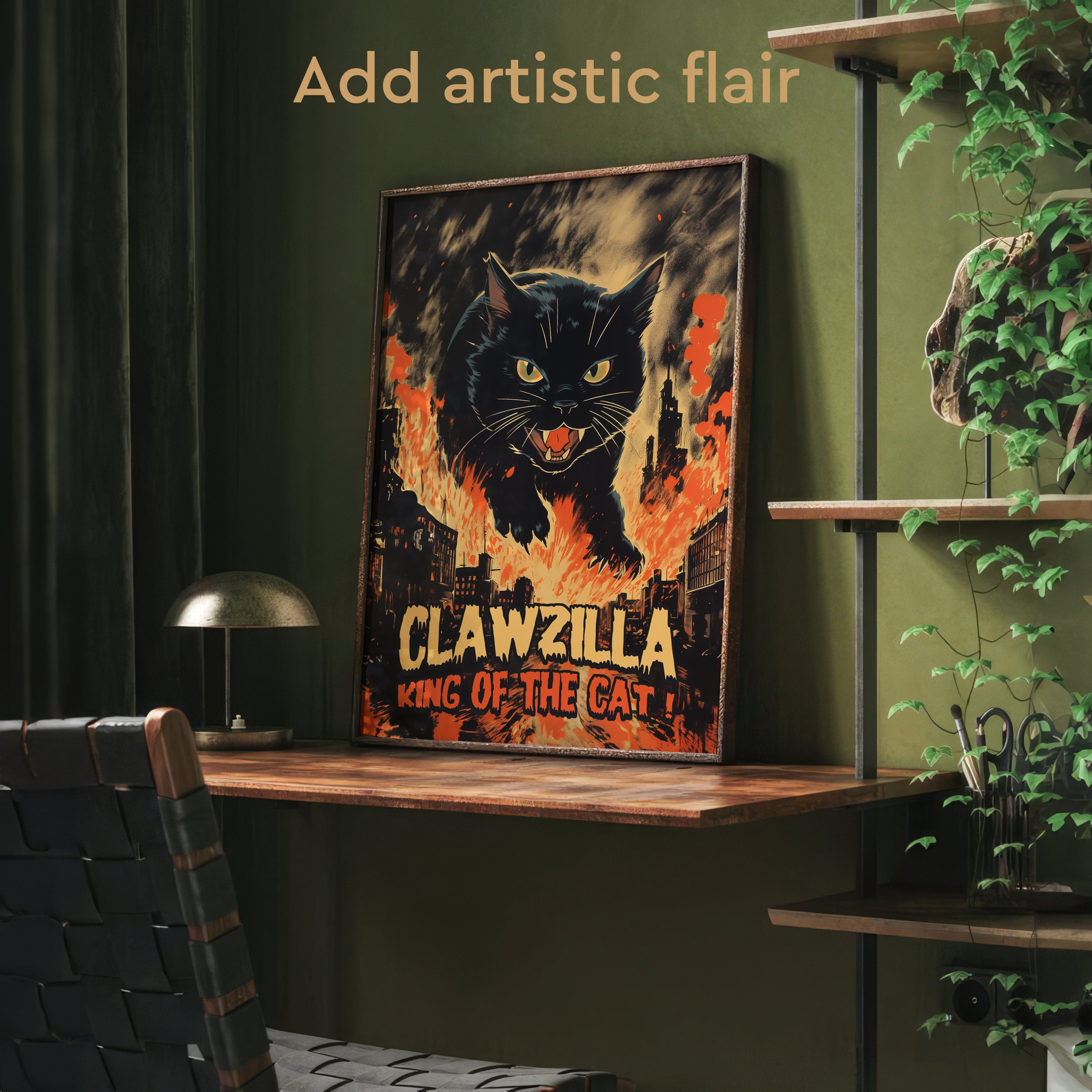 Retro Cat Monster Poster, Clawzilla, Giant Black Cat, Classic Monsters ...