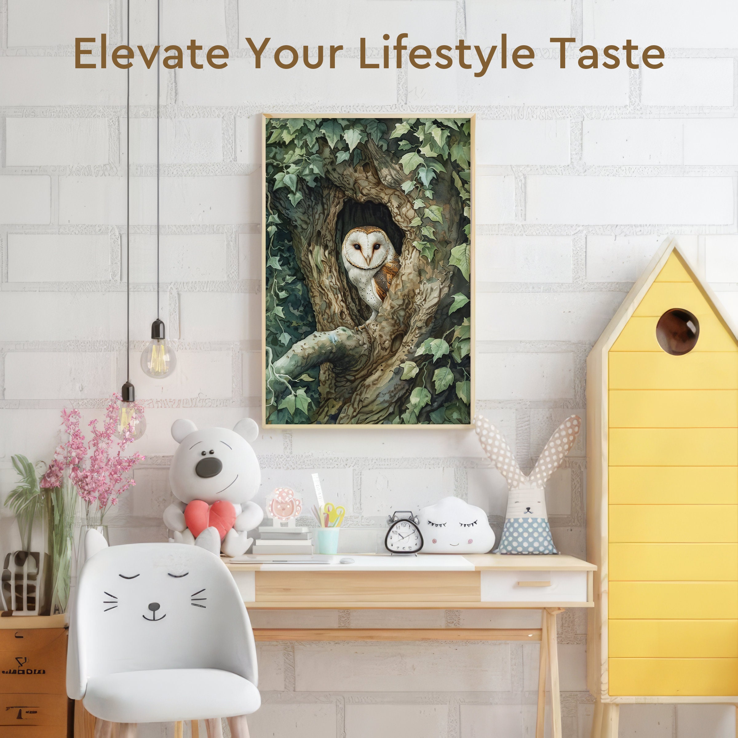 Tree Hollow Barn Owl Poster, Owl Nursery Decor, Vintage Forest Print ...