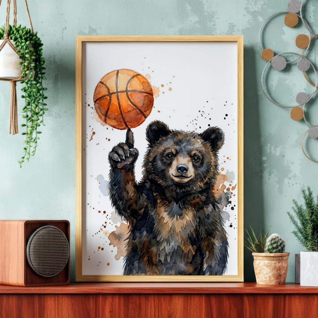 Bear Spinning Basketball Poster, Watercolor Sports Animal Wall Art ...